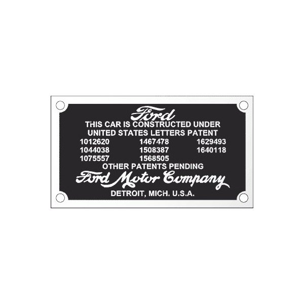 Model A Ford Data Patent Plate - Mounts On Firewall | Blue Oval Classics